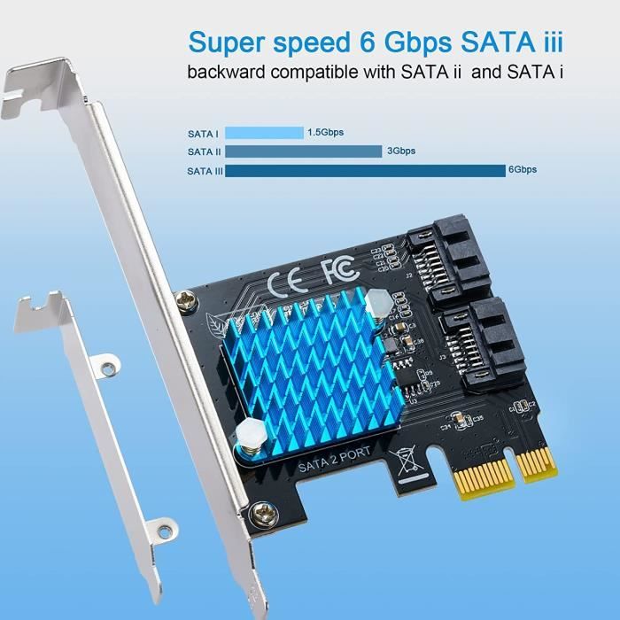 Carte PCIE X1 SATA Port 2 avec 2 cables SATA(6 Gops) Carte d'extension ...