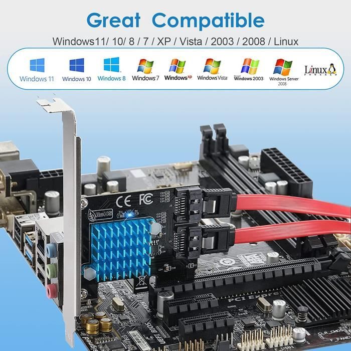 Carte PCIE X1 SATA Port 2 avec 2 cables SATA(6 Gops) Carte d'extension ...