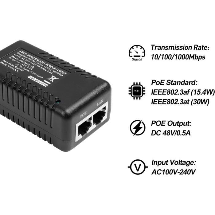 Revotech 48V Gigabit Injecteur PoE, PoE 48V-0.5A avec câble EU, IEEE ...