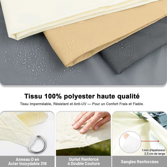 Voile d'ombrage triangulaire imperméable 2x2x2 m en PES - Protection UV ...