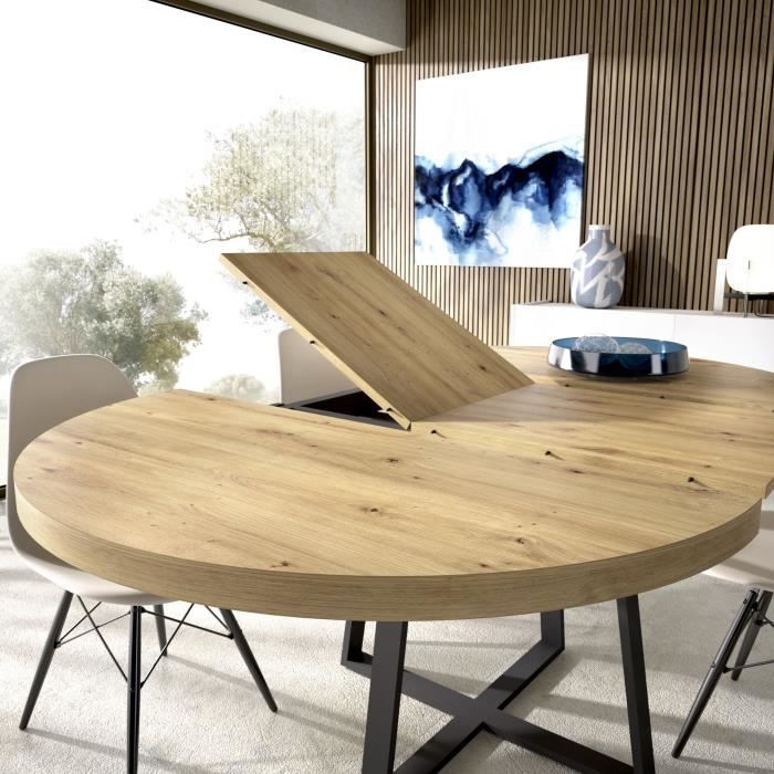 Table ronde extensible DUNA - 4 à 6 personnes - Décor chêne - L110 x ...