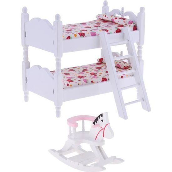 LUCKYLY-LITS SUPERPOSES 112 Dollhouse Miniature Blanc Meubles En Bois Enfants Lit Superposé ...