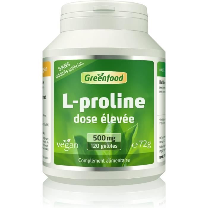 Greenfood L-proline, 500 mg, dose élevée, 120 gélules - Produit par ...