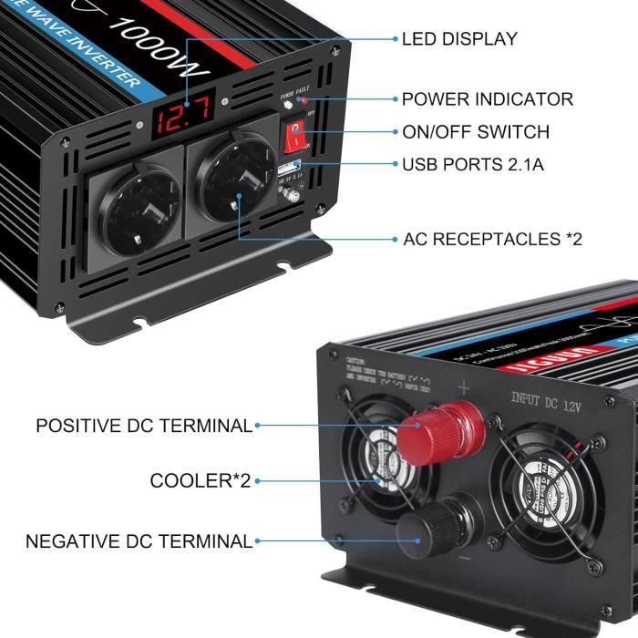 1000W Convertisseur 12V 220V Pur Sinus Onduleur Transformateur Avec ...