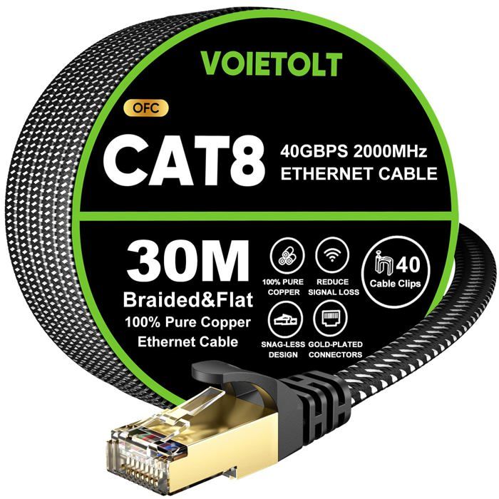 VOIETOLT Cat 8 Câble Ethernet 30M, 40Gbps/2000Mhz Haut Débit S/FTP ...