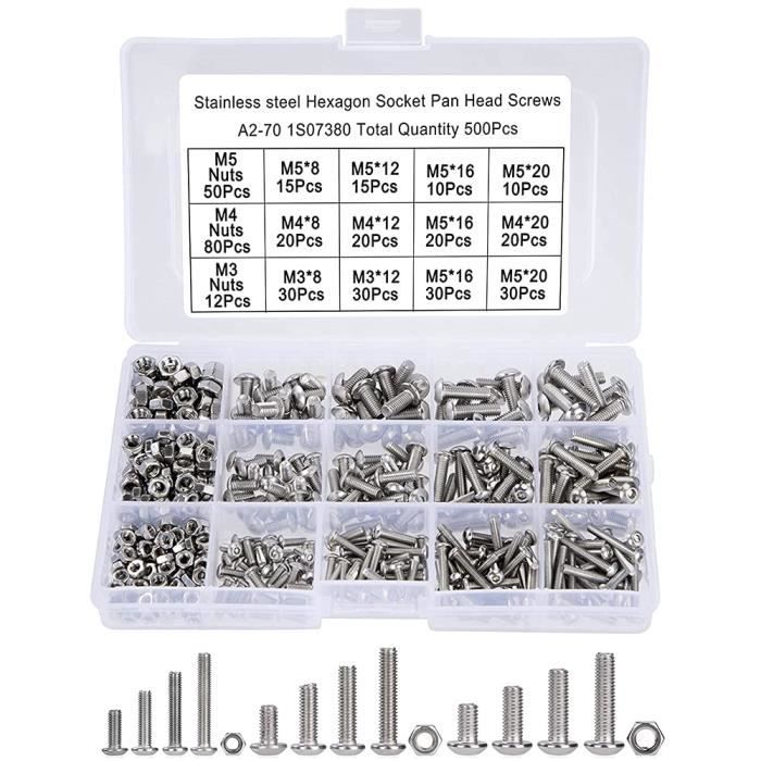 500 Pièces Vis À Métaux,Jeu Vis Tête Plate,Kit D'Assortiment Boulons,Vis Hexagonales Fraisées ...