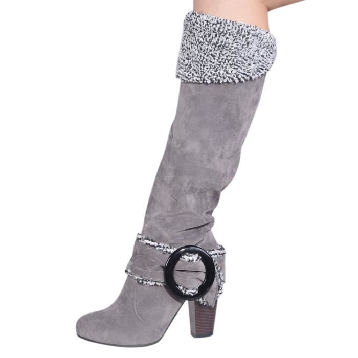 HEE GRAND Femme Botte Long Enfiler Gris Gris - Cdiscount