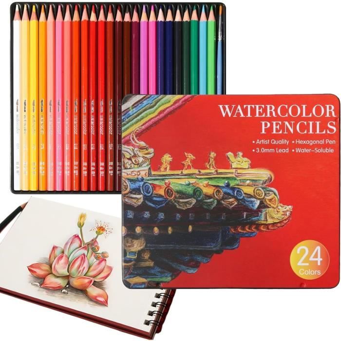 Crayons De Couleur Professionnel, 24 Crayon Aquarelle À Soluble Dans L ...
