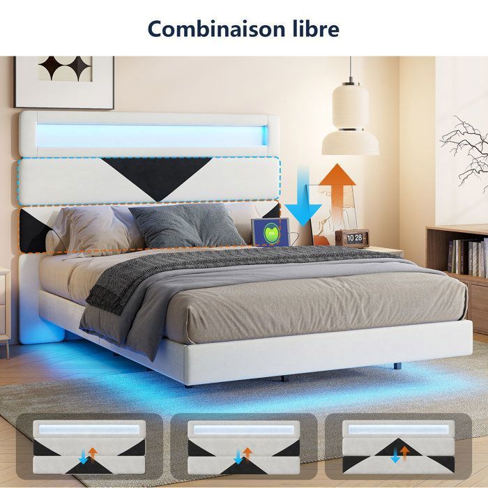 Lit adulte 160x200 cm, NMONET, LED, USB et Type C, tissu en velours ...