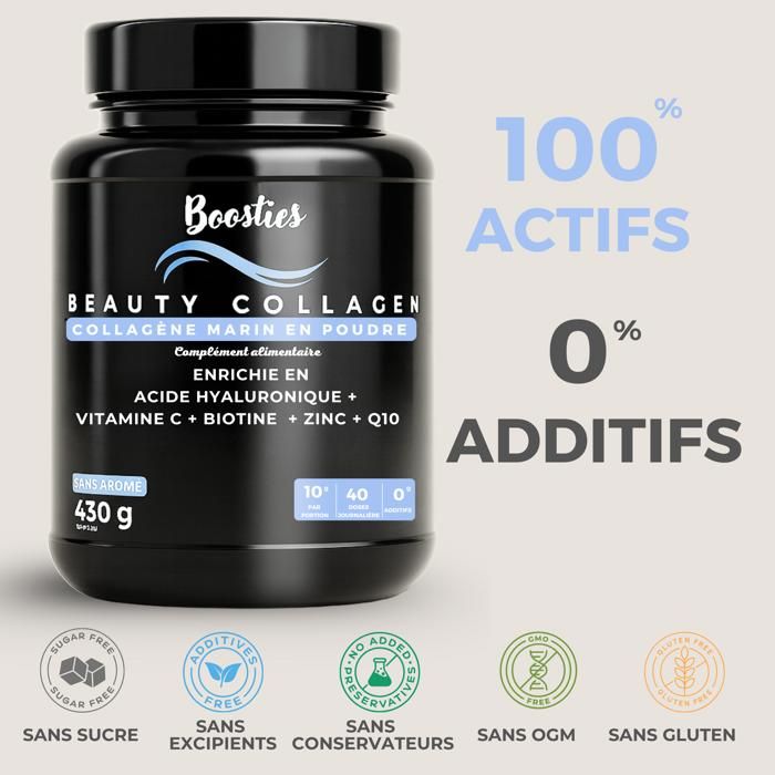 Collagène marin en poudre (430g), 10 g/jour, actif breveté,Acide Hyaluronique + Q10 + vitamine C ...