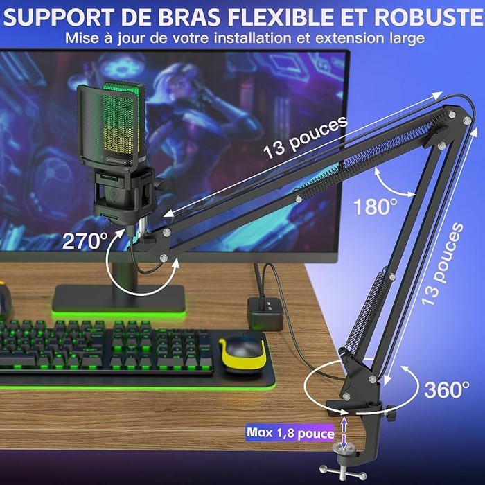 Micro gaming USB avec RGB et sourdine, adaptateur double connecteur ...