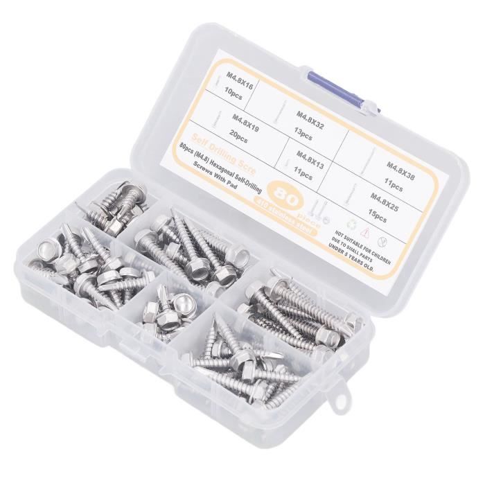 EJ.life Vis autoperceuse 80 pièces M4.8 vis auto-perceuse tête hexagonale rondelle 410 Kit d ...