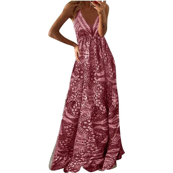 Robe Longue Femme Ete Robe de Plage Décolleté Col en V Impression ...