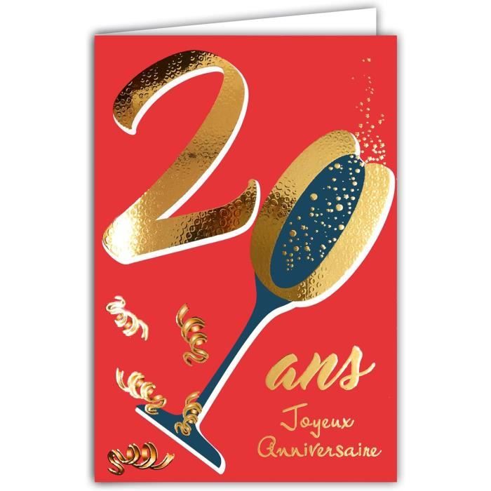 Carte Anniversaire 20 ans en Or Doré Brillant en Relief Texturé pour Homme Femme - Texte Coloré ...