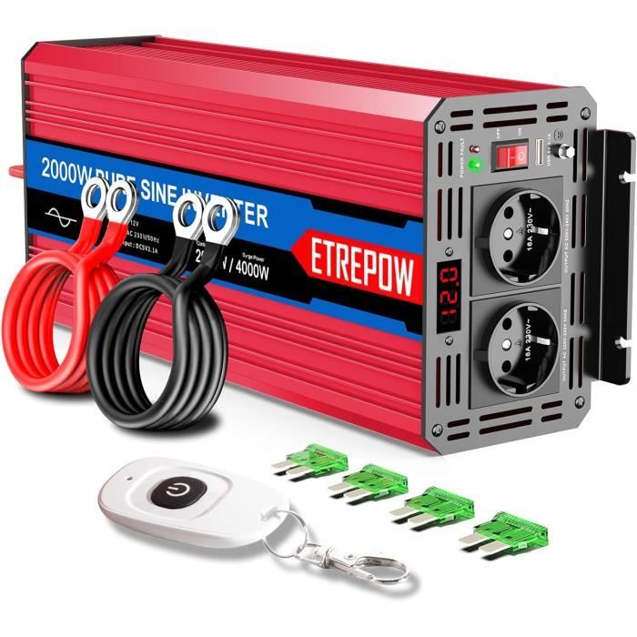 2000W Convertisseur 12V 220V Pur Sinus Onduleur-2 Prises Eu Ac Et 1 ...