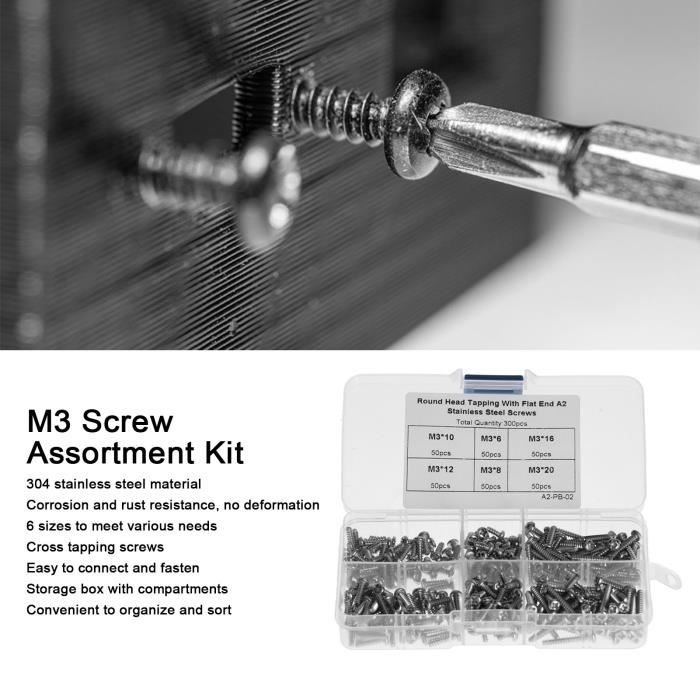 MEI Kit d'assortiment de vis M3 Kit d'assortiment de vis 300 pièces M3 304 vis autotaraudeuses à ...