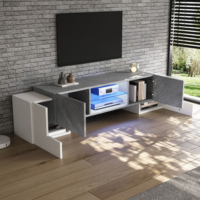 Simple meuble TV blanc et gris avec LED Bluetooth, meuble TV Lowboard ...