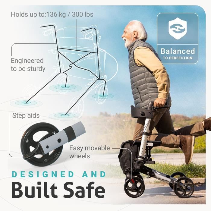 Helavo déambulateur pliable à 4 roues - Léger et facile à ranger, même ...
