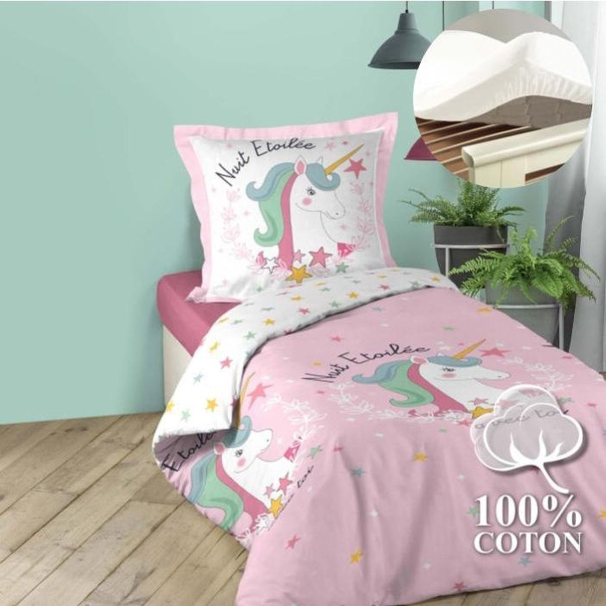 Pack Parure De Couette Enfant 140x200 Cm Licornella Drap Housse