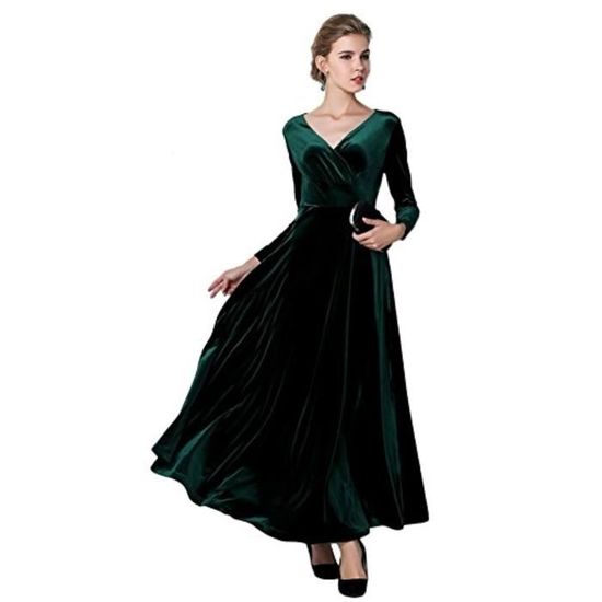 Robe JWSBQ longue extensible en velours à col en V vintage Vert ...