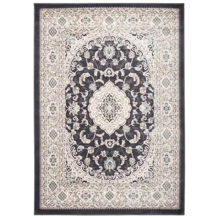 TAPISO Tapis Salon Poils Ras Dubai Graphite Crème Médaillon ...