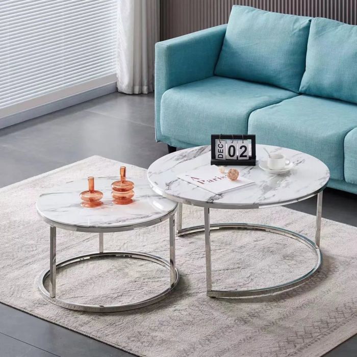 Lot de 2 tables basses Gigogne ARTO Inox verre effet Marbre Blanc ...