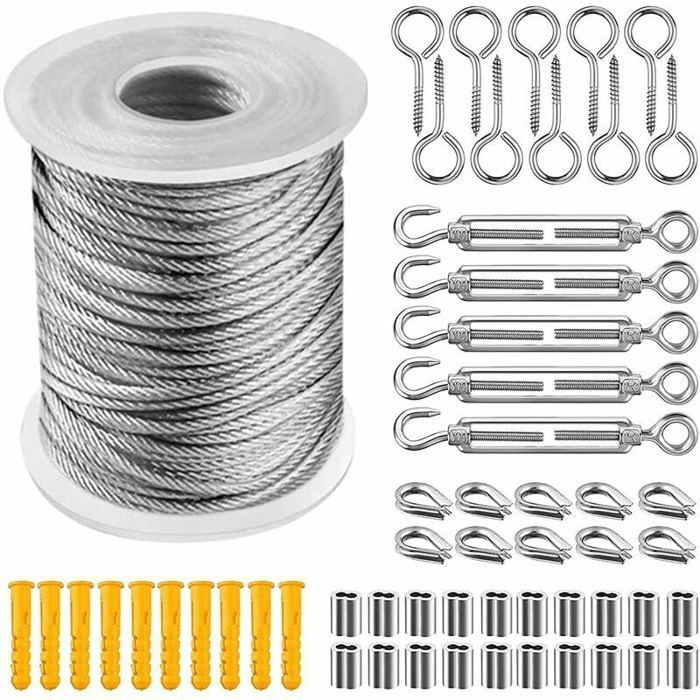 Kit câble inox 2mm 20m, avec piton vis, tendeur, vis, câble PVC ...