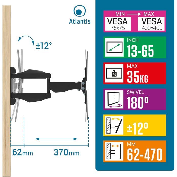 P022-E11Sbn Support Mural Pivotant Pour Tv, Bras Mural Pour Tv De 13" À ...