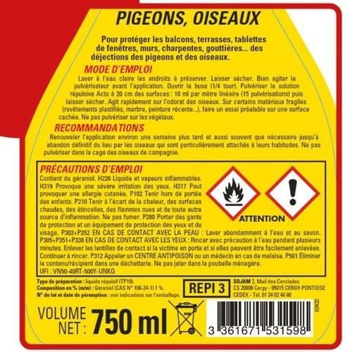 Répulsif pigeons et oiseaux - ACTO - Spray - 750ml - Cdiscount Jardin