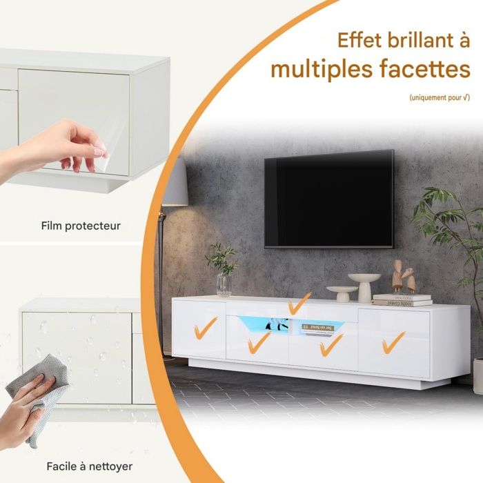 Meuble TV 180×40×45 cm, meuble bas avec 2 tiroirs,2 portes, éclairage ...