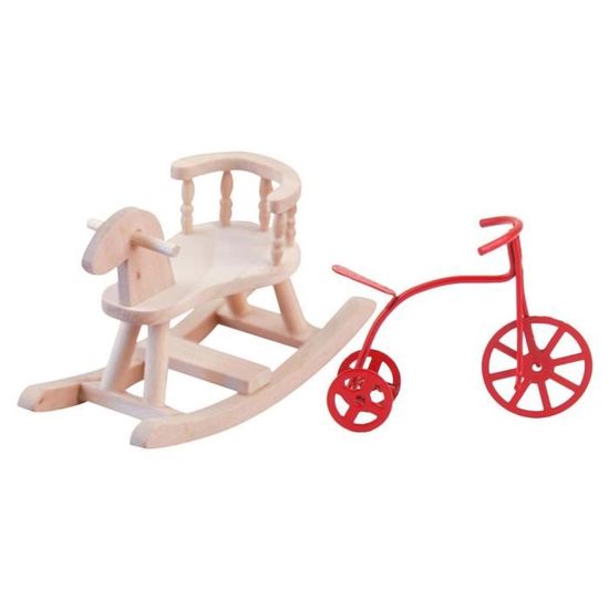 1/12 Mini Chaise Cockhorse + Tricycle Rouge Modèle de Vélo Scène de Vie ...