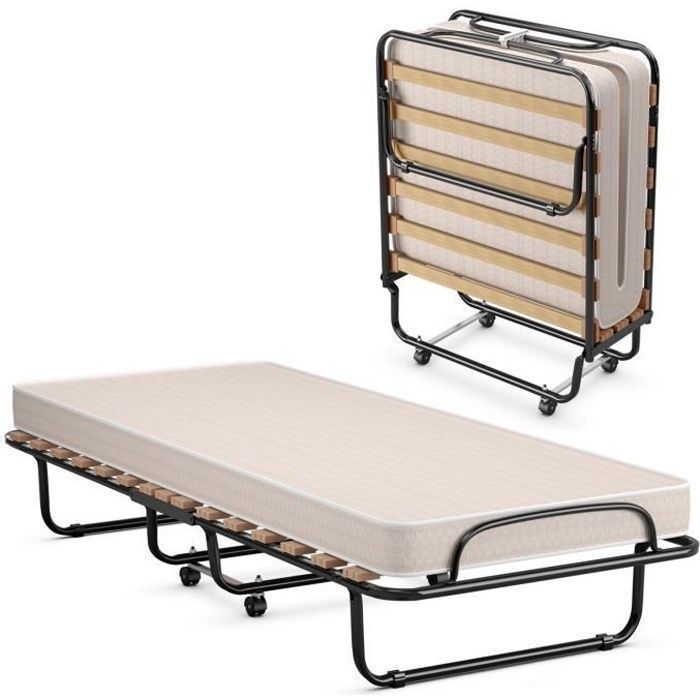 Lit Pliant sur Roulettes - COSTWAY - 190 x 80 x 33 CM - Matelas en ...