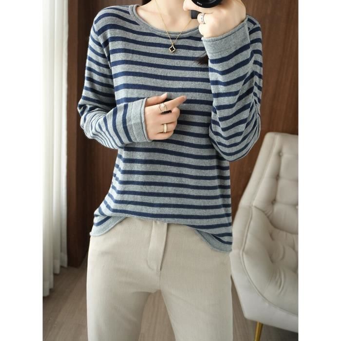 Pull,pull à col montant doublé en coton pour femme, tricot à rayures ...