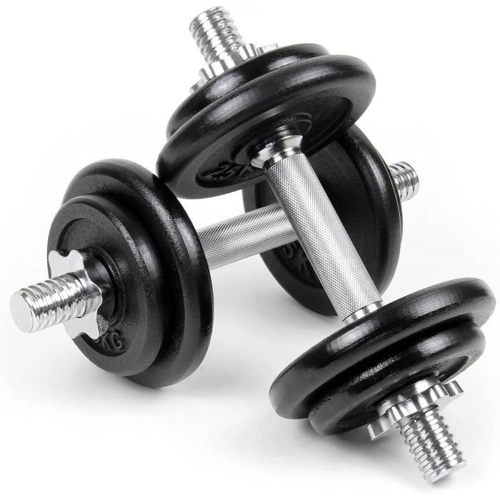 LUXTRI Kit d’haltères courts 20kg Coffret 8 plaques Fonte 2 Barres ...