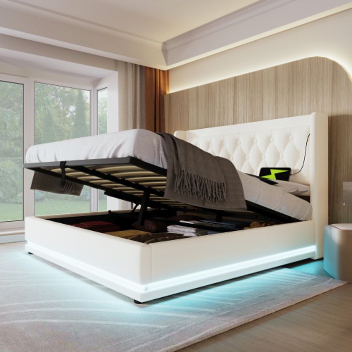 Structure de lit Lit coffre double 180 x 200 cm -REDOM - charge USB ...