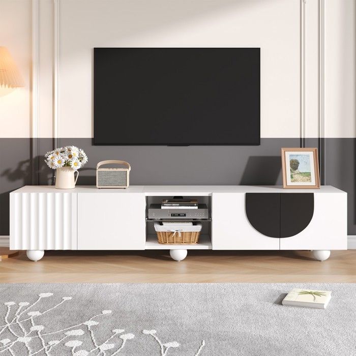 Meuble TV bas moderne design unique en bois Blanc avec support TV mural ...