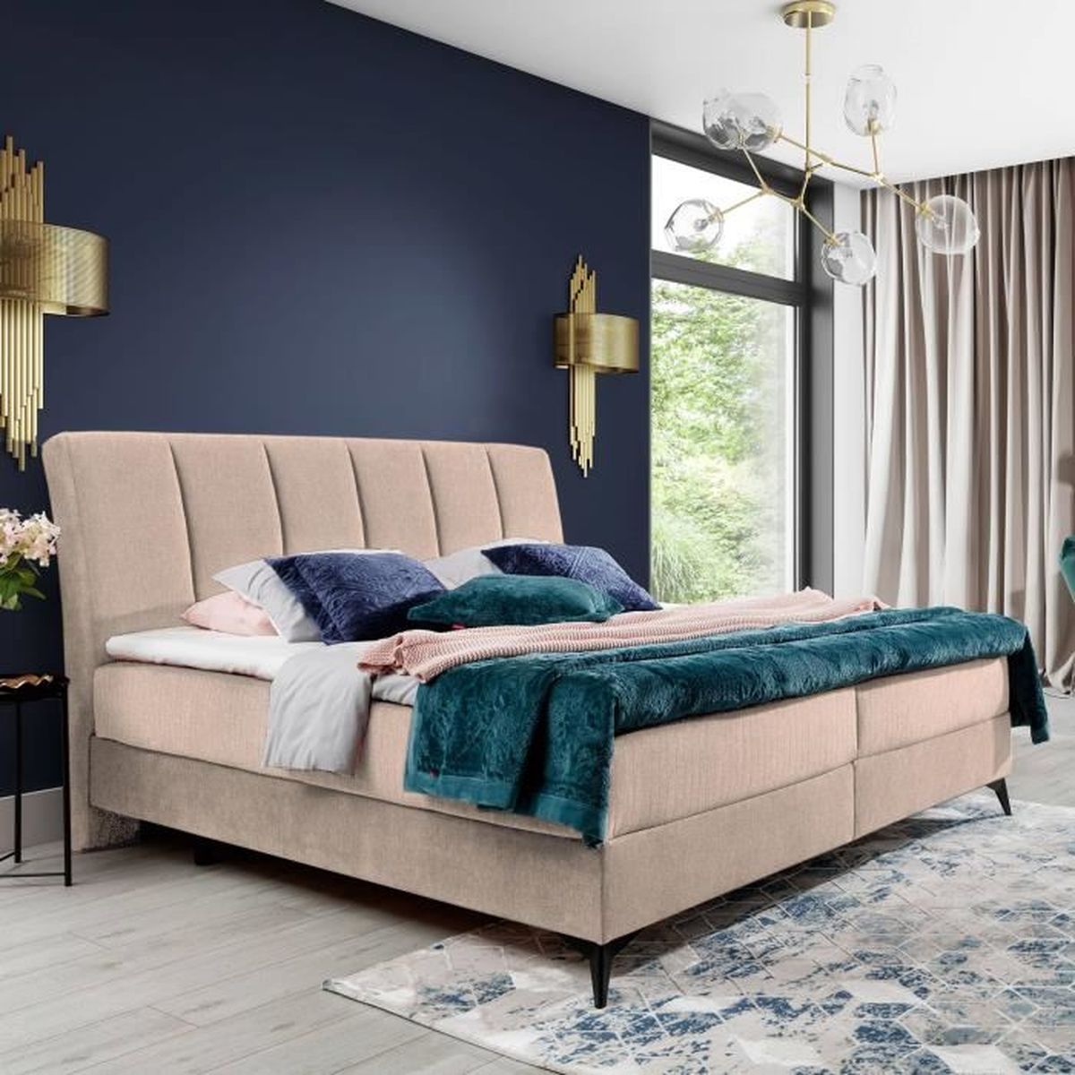 Lit boxspring 160x200 avec coffre de rangement en tissu beige ADELE ...