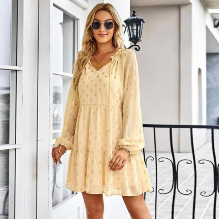 Robe femme chic et elegant Sexy Boheme Fleurie Manches longues - Beige ...