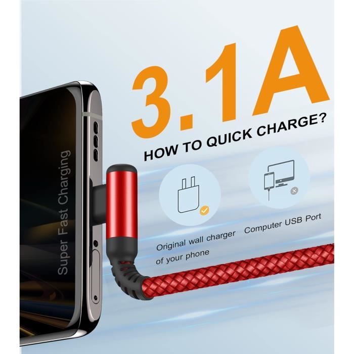 Câble Usb C Coudé 90 Degrés [3M Lot De 2] Charge Rapide Câble Chargeur Usb C 3A Compatible Avec ...