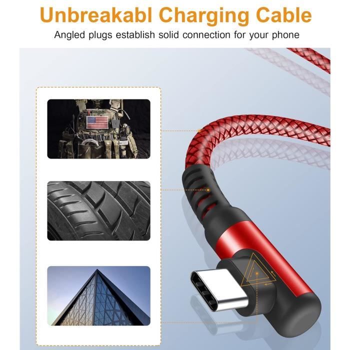Câble Usb C Coudé 90 Degrés [3M Lot De 2] Charge Rapide Câble Chargeur Usb C 3A Compatible Avec ...