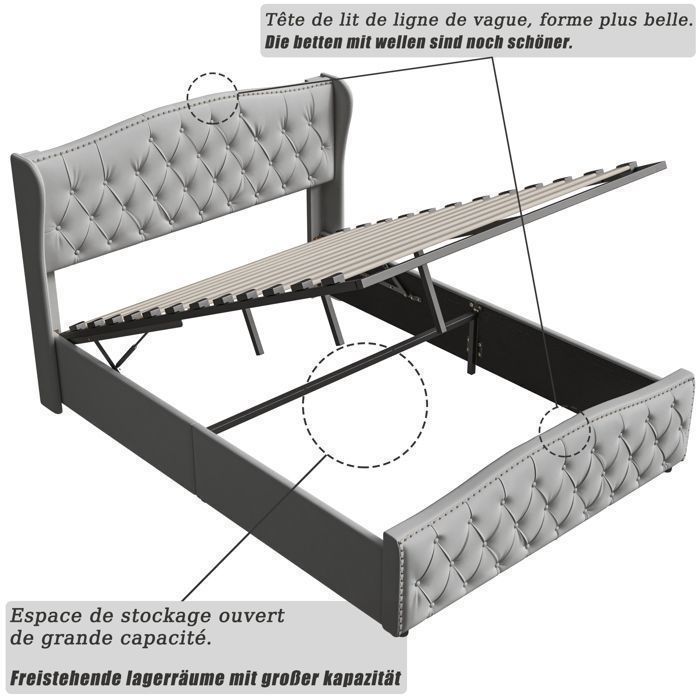 Lit Double 160x200cm, Lit Coffre Hydraulique, Cadre Métallique Robuste ...