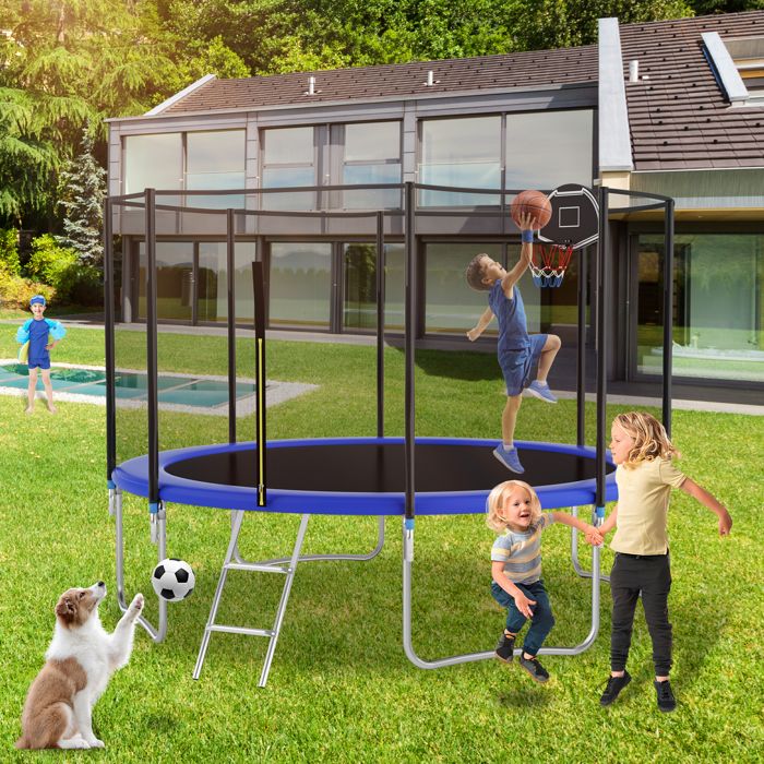 Trampoline extérieur 366 cm bleu - filet sécurité, 72 ressorts, cadre ...