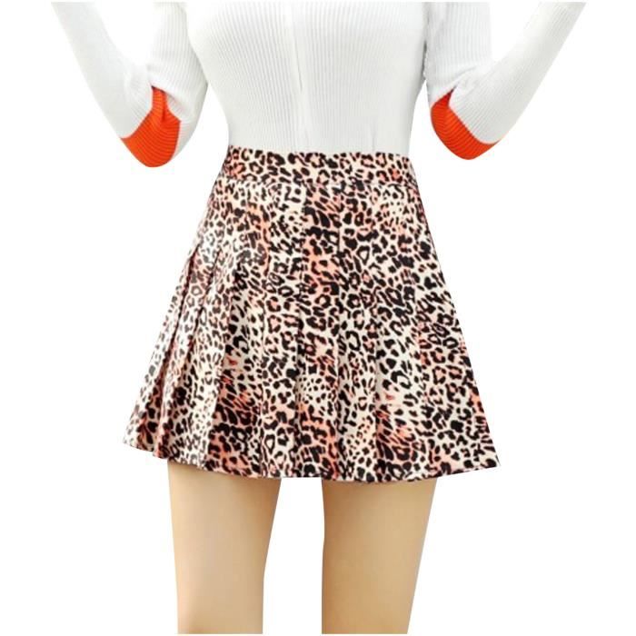 Jupe courte imprimée léopard taille haute A-line pour femmes marron ...