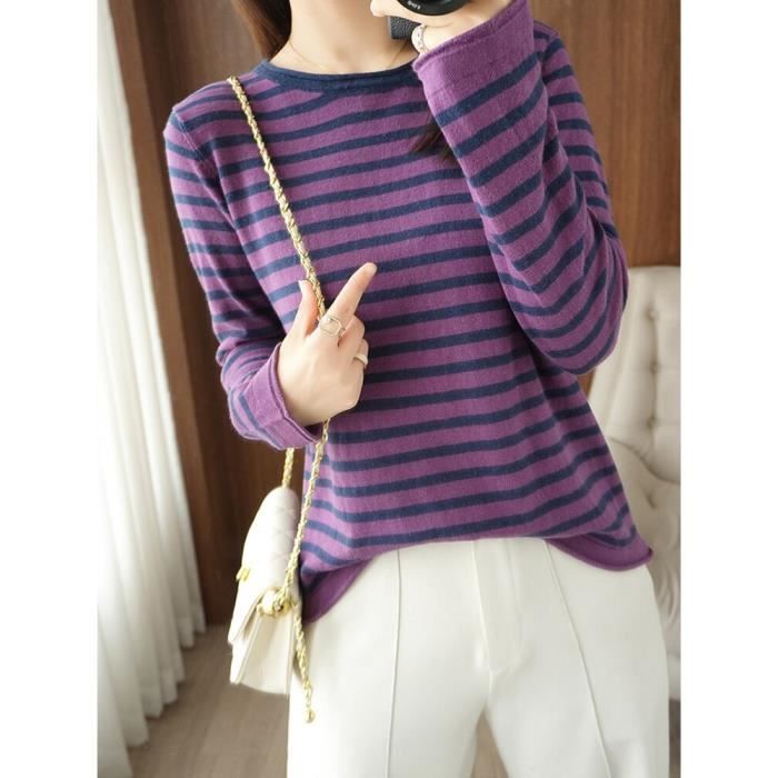 Pull,pull à col montant doublé en coton pour femme, tricot à rayures ...