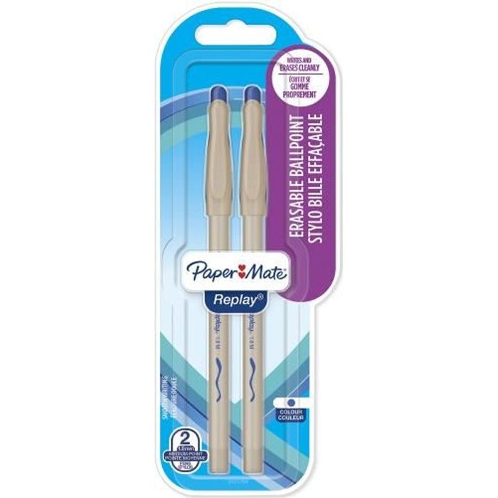 Paper Mate Replay - 2 Stylos bille gommable - Bleu - Pointe moyenne 1 ...