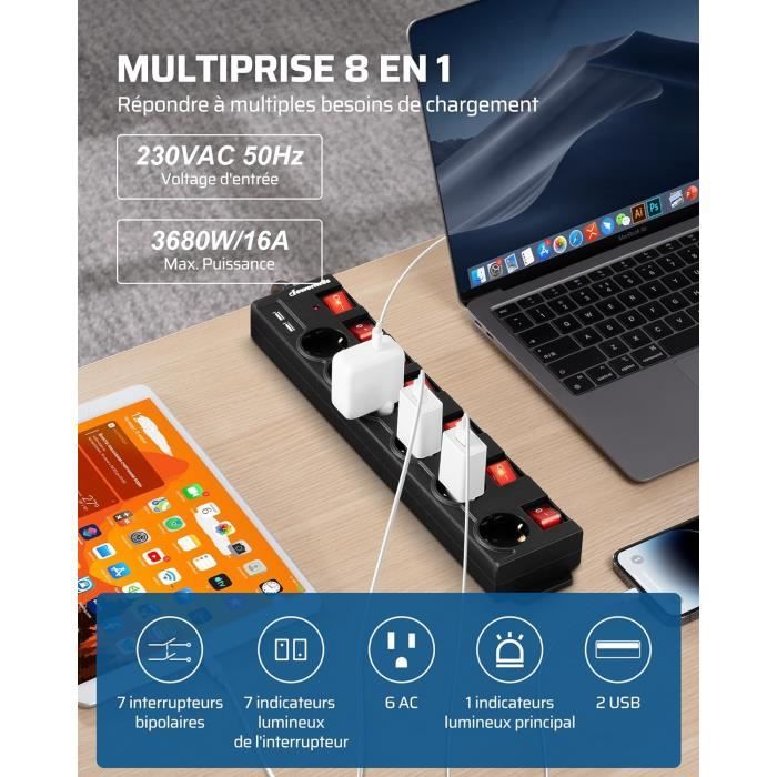 Multiprise avec 6 Prises & 2 USB & 7 Interrupteurs Individuel, 3680W ...