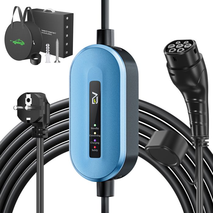 Chargeur Voiture Electrique Bleu, 16A EV Chargeur Type 2 avec Voyant ...