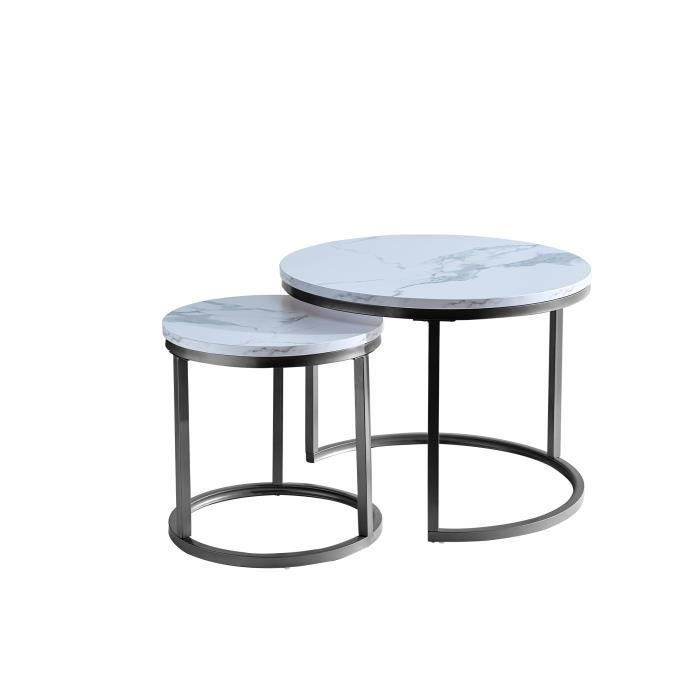 HONGYA Lot de 2 table basse blanche gigogne ronde salon moderne placage ...
