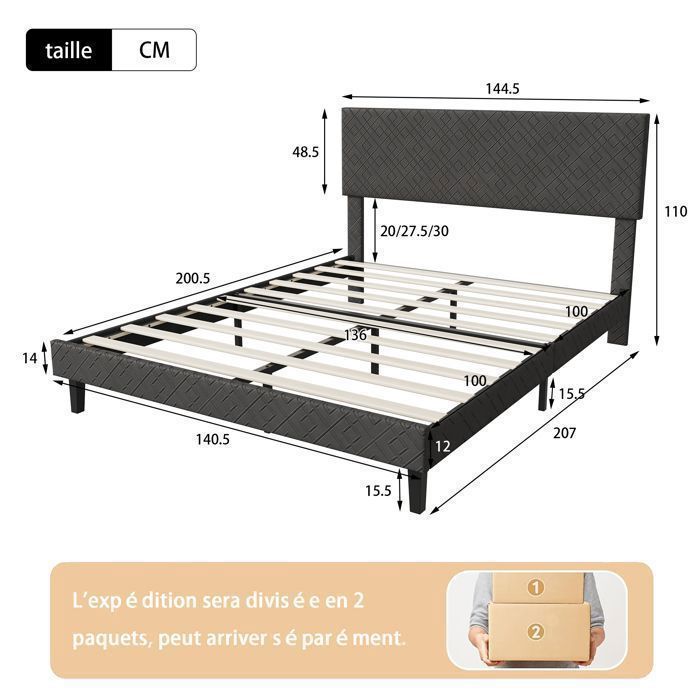 Lit double 140x200 cm avec sommier, lit rembourré pour adulte ou ado ...