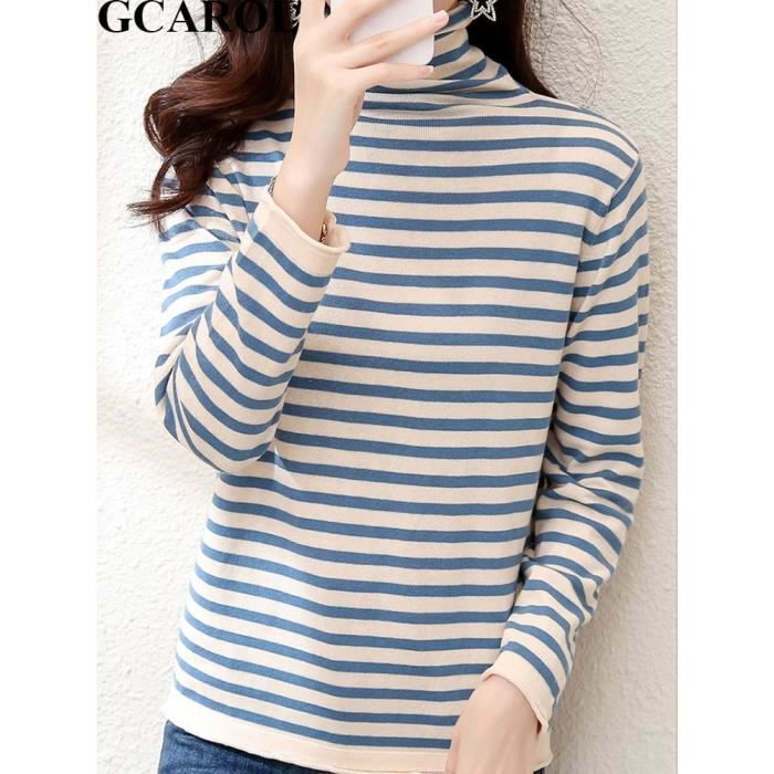 Pull,pull à col montant doublé en coton pour femme, tricot à rayures ...